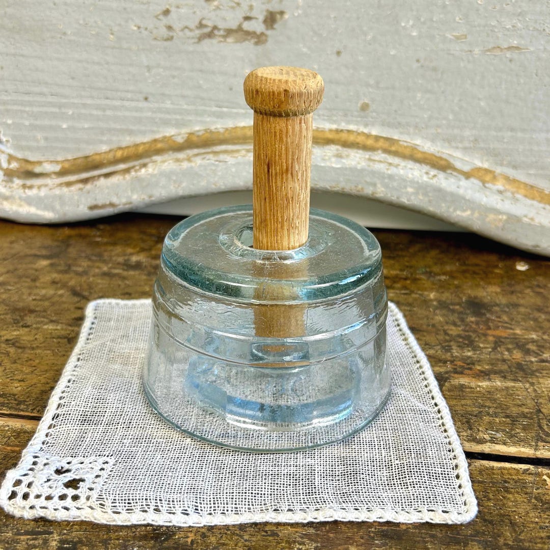 Antique Pale Blue Green Glass Butter Press Mold: Embossed Cow With Wood ...