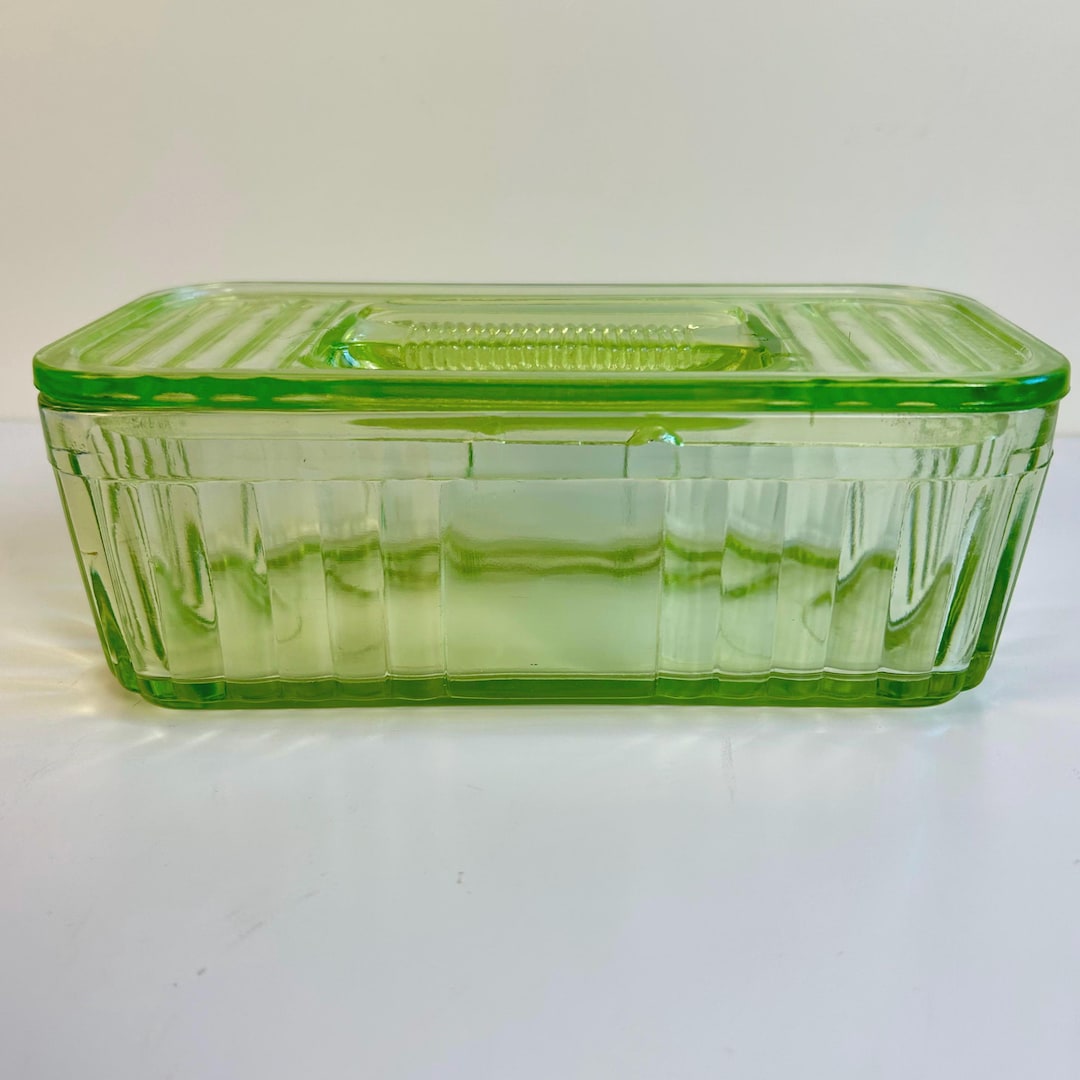 Vintage Anchor Hocking Uranium Green Vaseline Glass Lidded Refrigerator ...