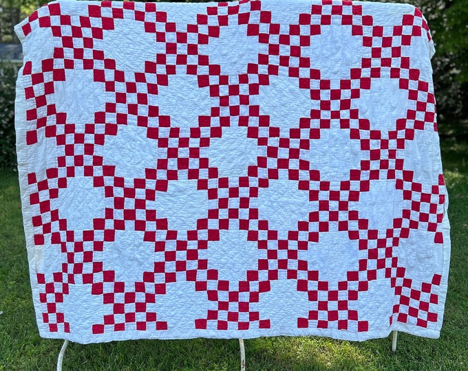 Primitive Handmade Red and White Vintage Antique Quilt in the Irish ...