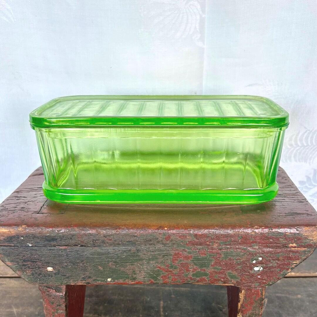 Vintage Anchor Hocking Uranium Green Vaseline Glass Lidded Storage ...