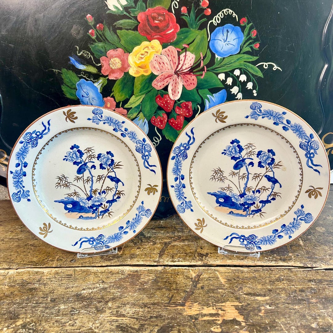 Antique Spode Blue & White Plates: C1820 English Gilded Floral Bird ...