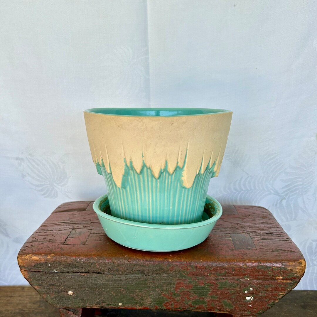 Mccoy Pottery Blue Icicle 5 Inch Planter With Attached Saucer - Etsy