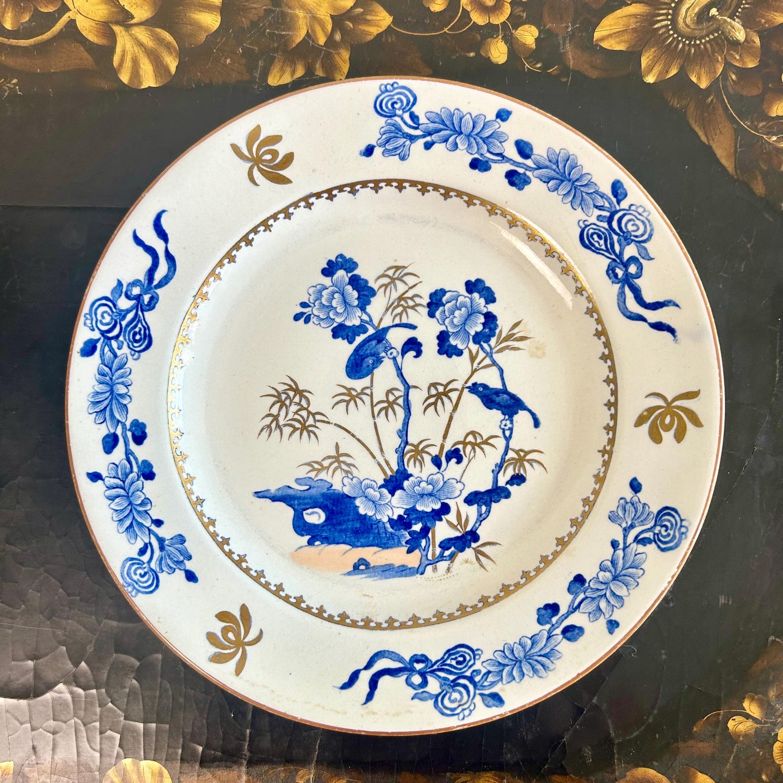 Antique Spode Blue & White Plates: C1820 English Gilded Floral Bird ...