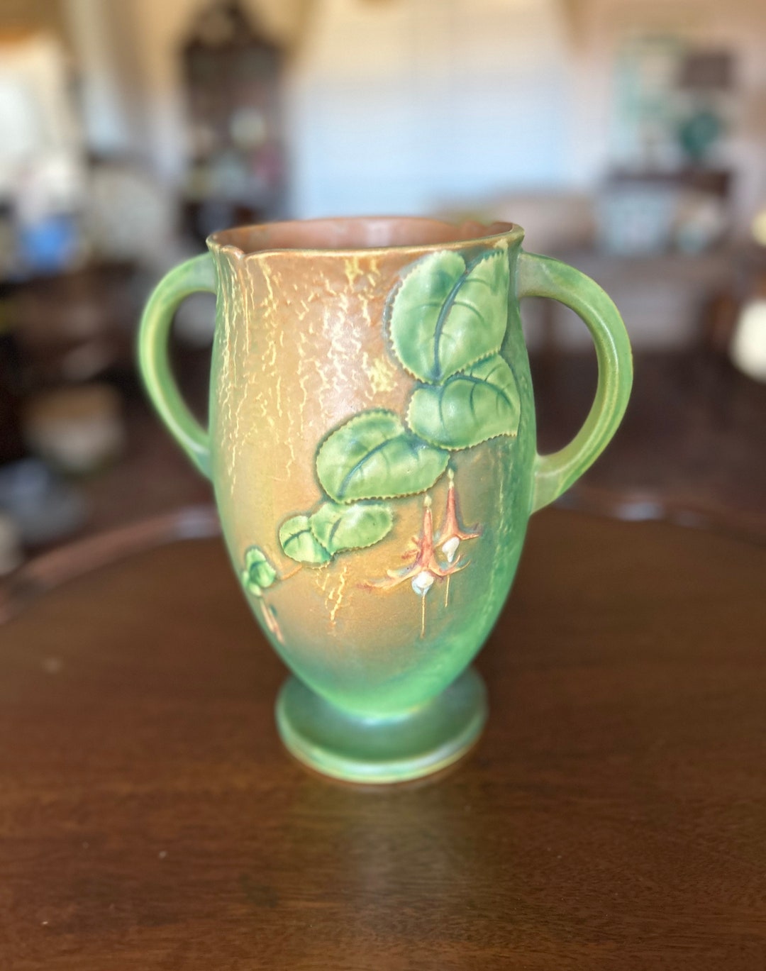 Vintage Roseville Pottery Fuchsia Green and Brown Handled Vase #901-10 ...