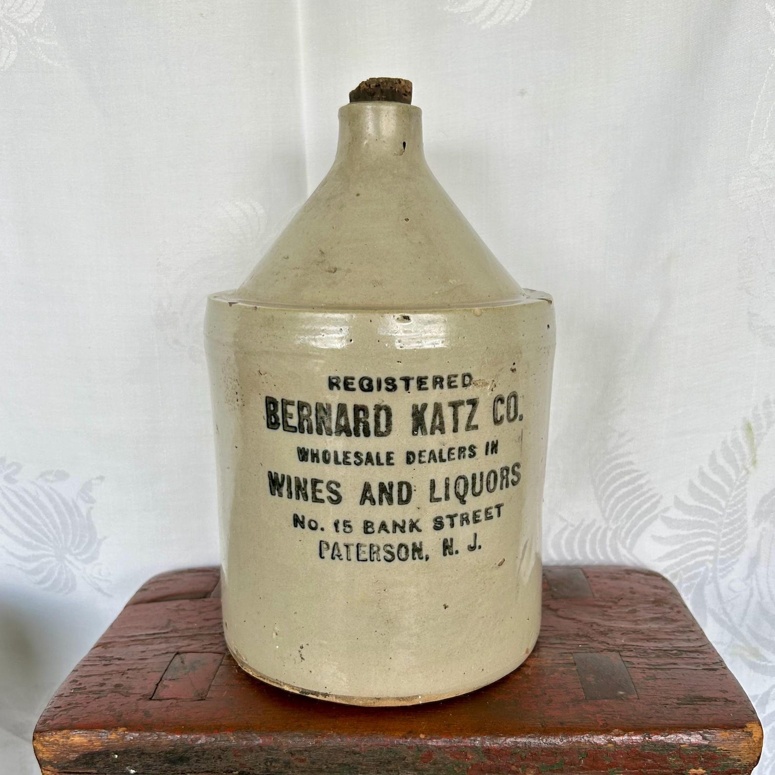 Primitive Antique Advertising Bernard Katz Stoneware One Gallon Whiskey Jug From Paterson New ...