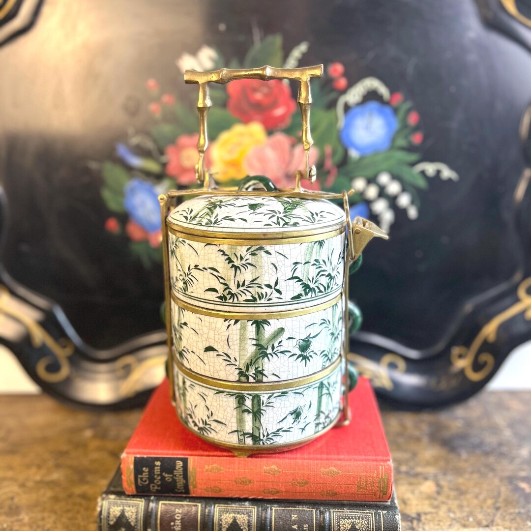 Vintage Chinoiserie Ceramic Bento Box: Green Bamboo With Brass Handle ...