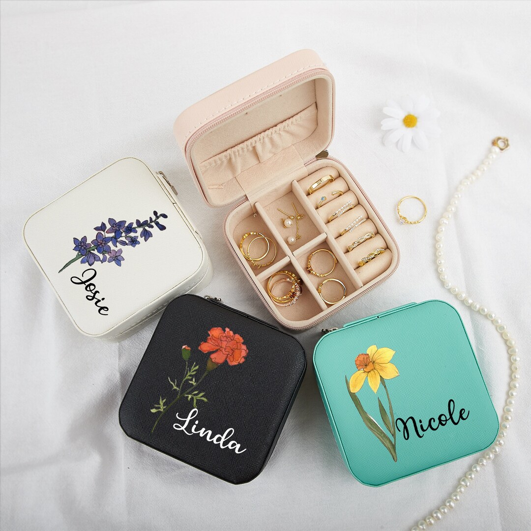 Custom Travel Jewelry Case With Birth Flower, Personalized Name Jewelry ...