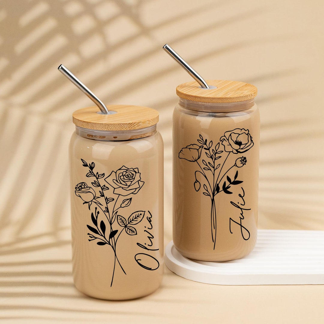 Personalized Birth Flower Iced Coffee Cup,16oz Glass Cup,custom Beer ...