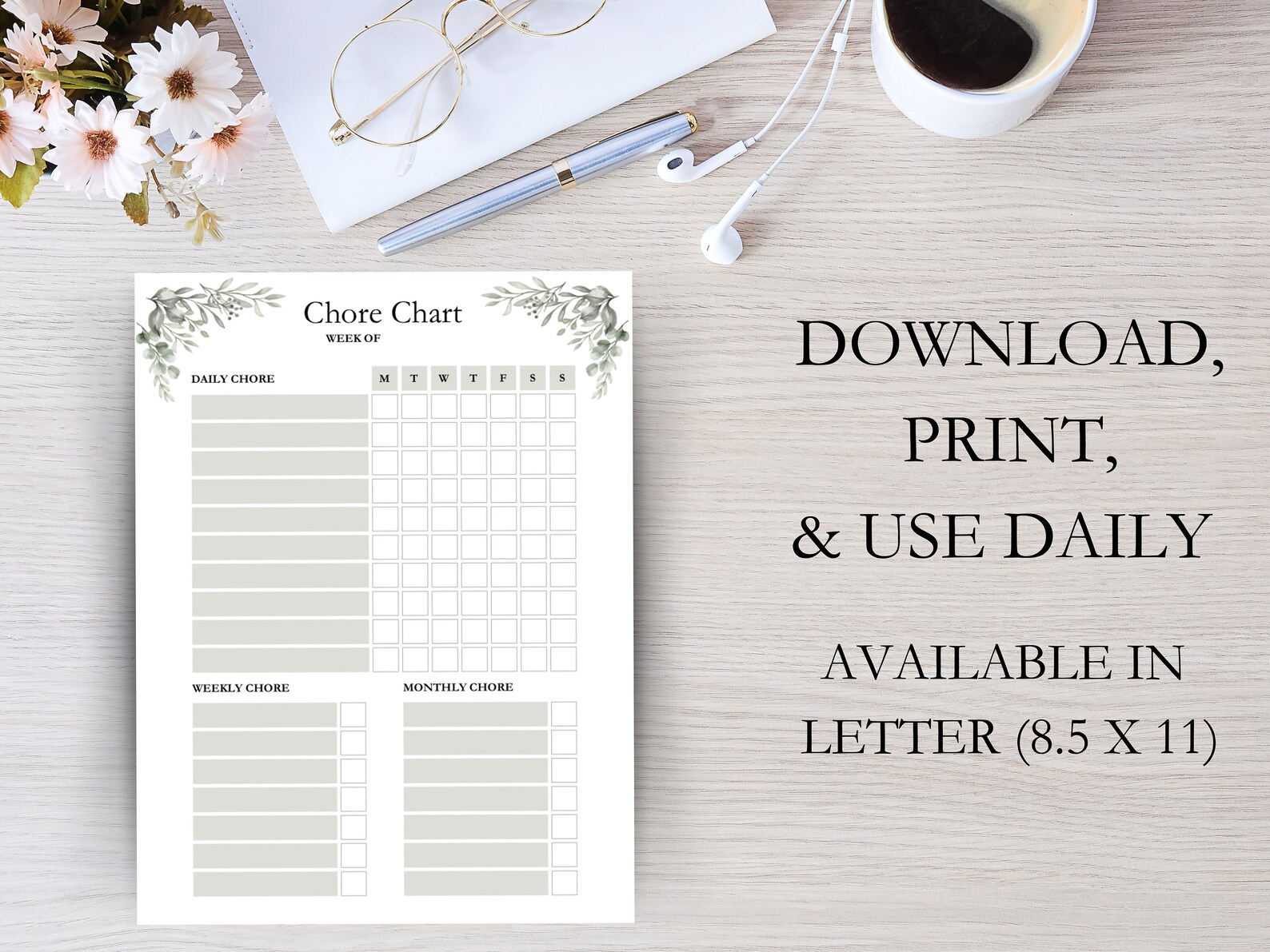 Chore Chart Printable PDF, Green Chore Chart for Adults, Printable ...