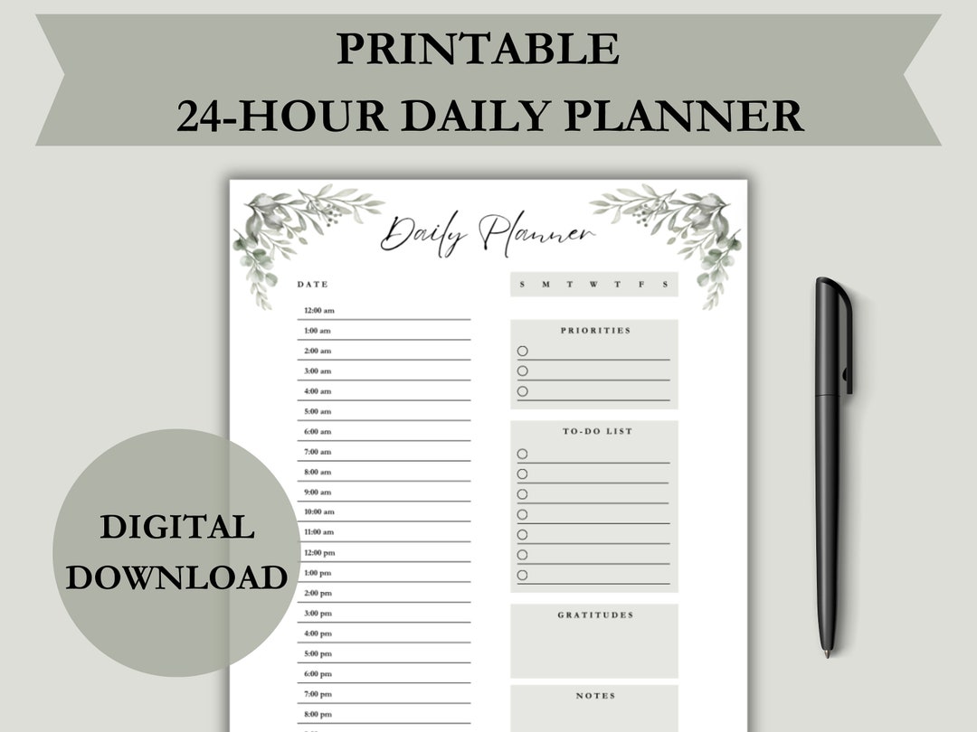 24-hour Planner Printable, Nature Themed To-do List, Green Daily ...