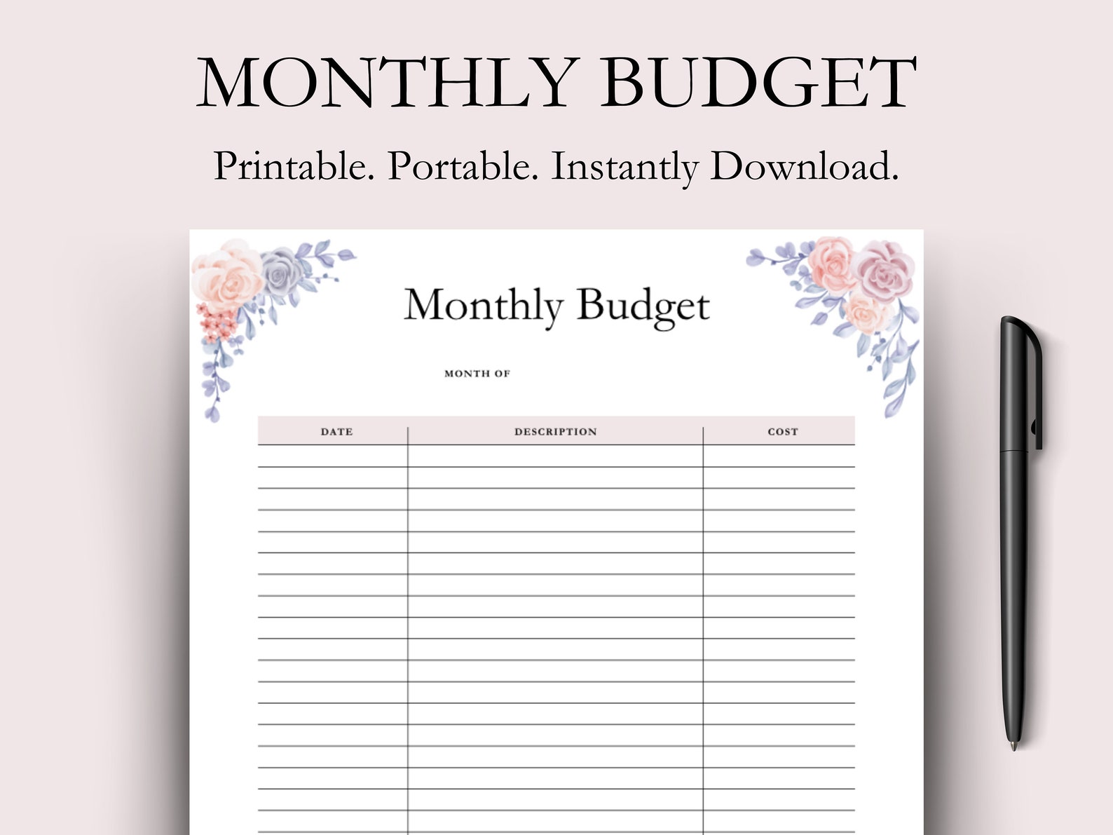 Floral Monthly Budget Planner Printable, Pink Printable Monthly Budget ...