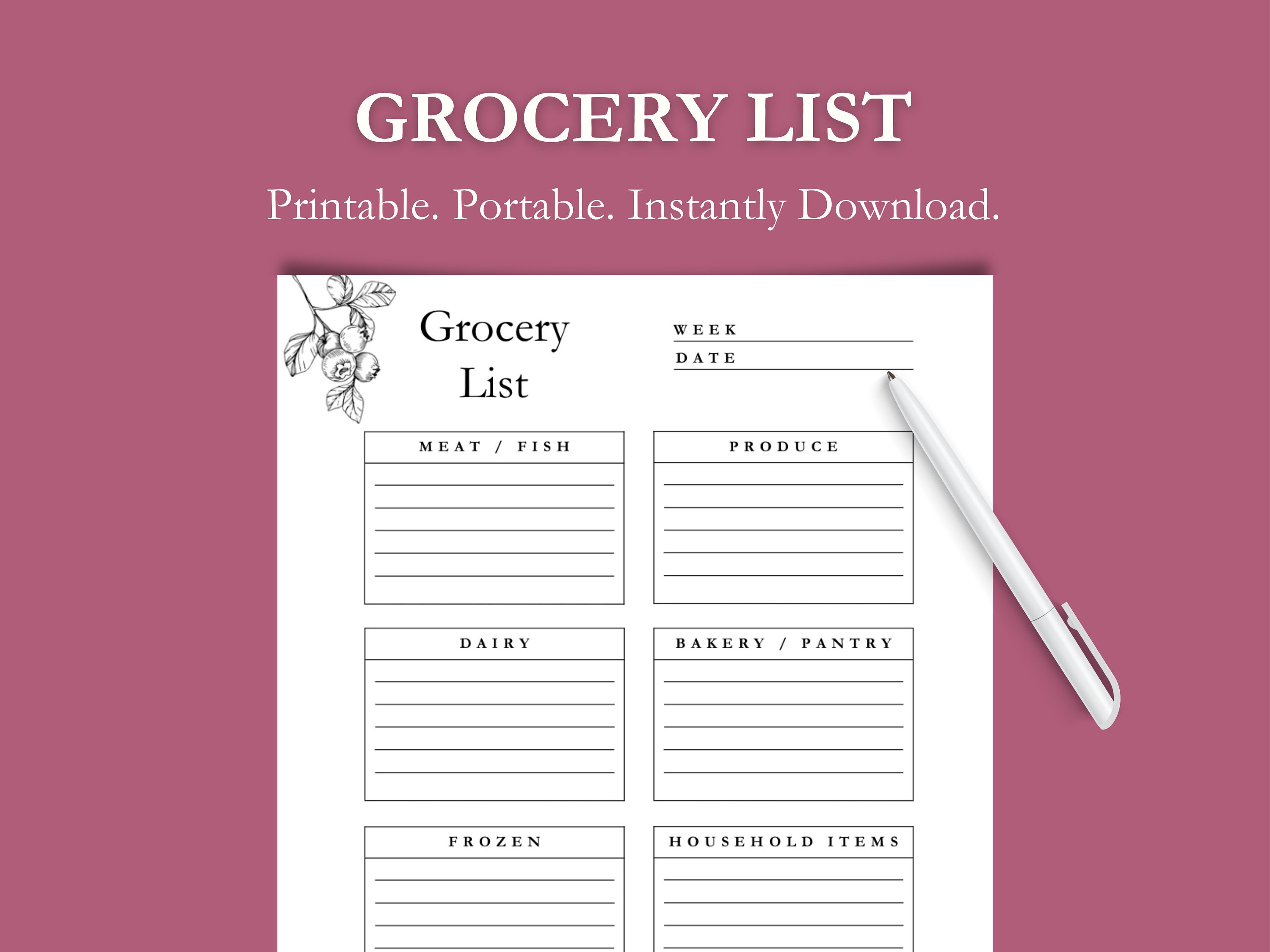 Berry Grocery List Printable PDF, Printable Grocery List, Berry Design, 8.5 X 11 Inches, Letter ...