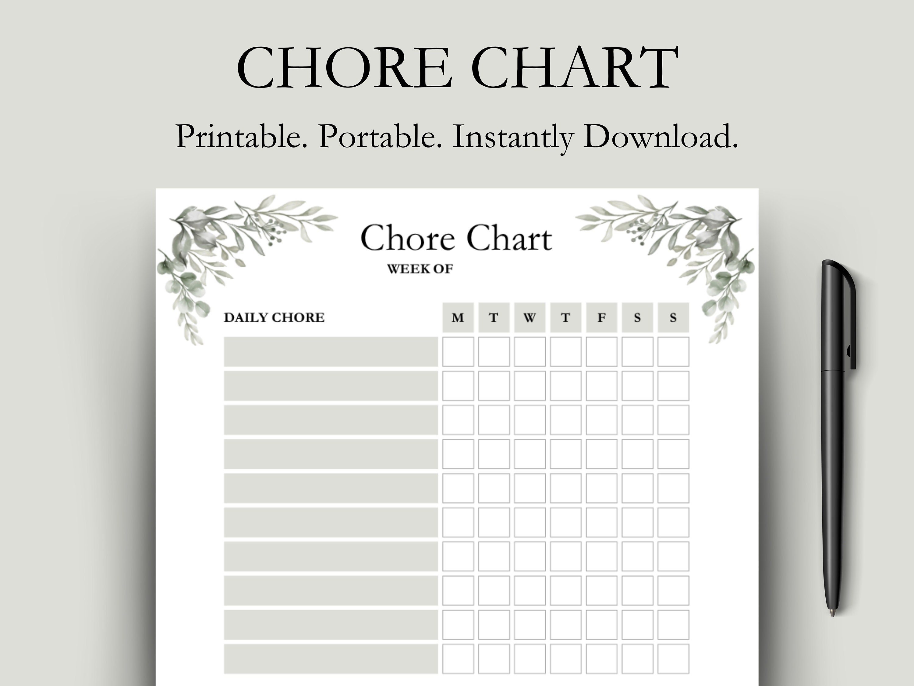 Chore Chart Printable PDF, Green Chore Chart for Adults, Printable ...