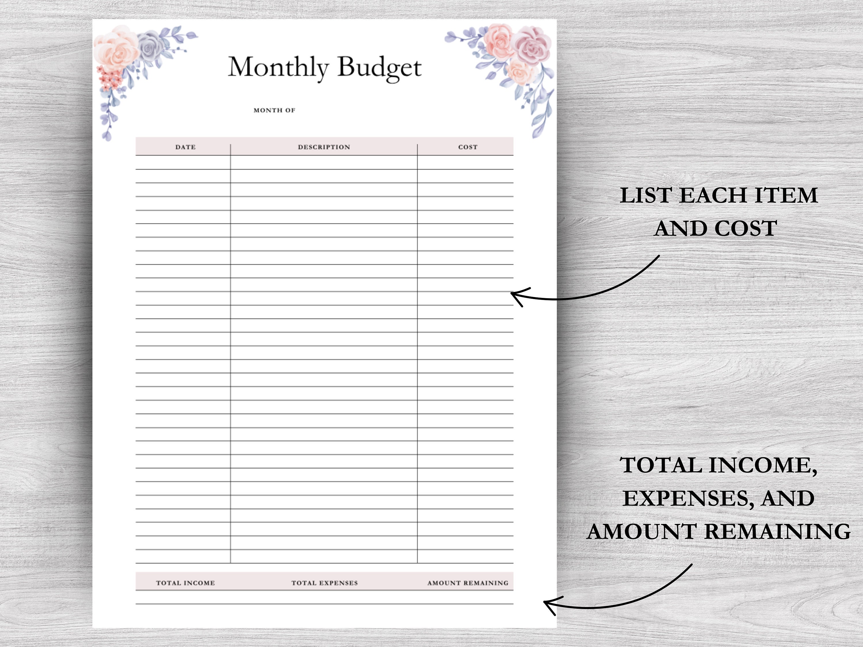 Floral Monthly Budget Planner Printable, Pink Printable Monthly Budget ...