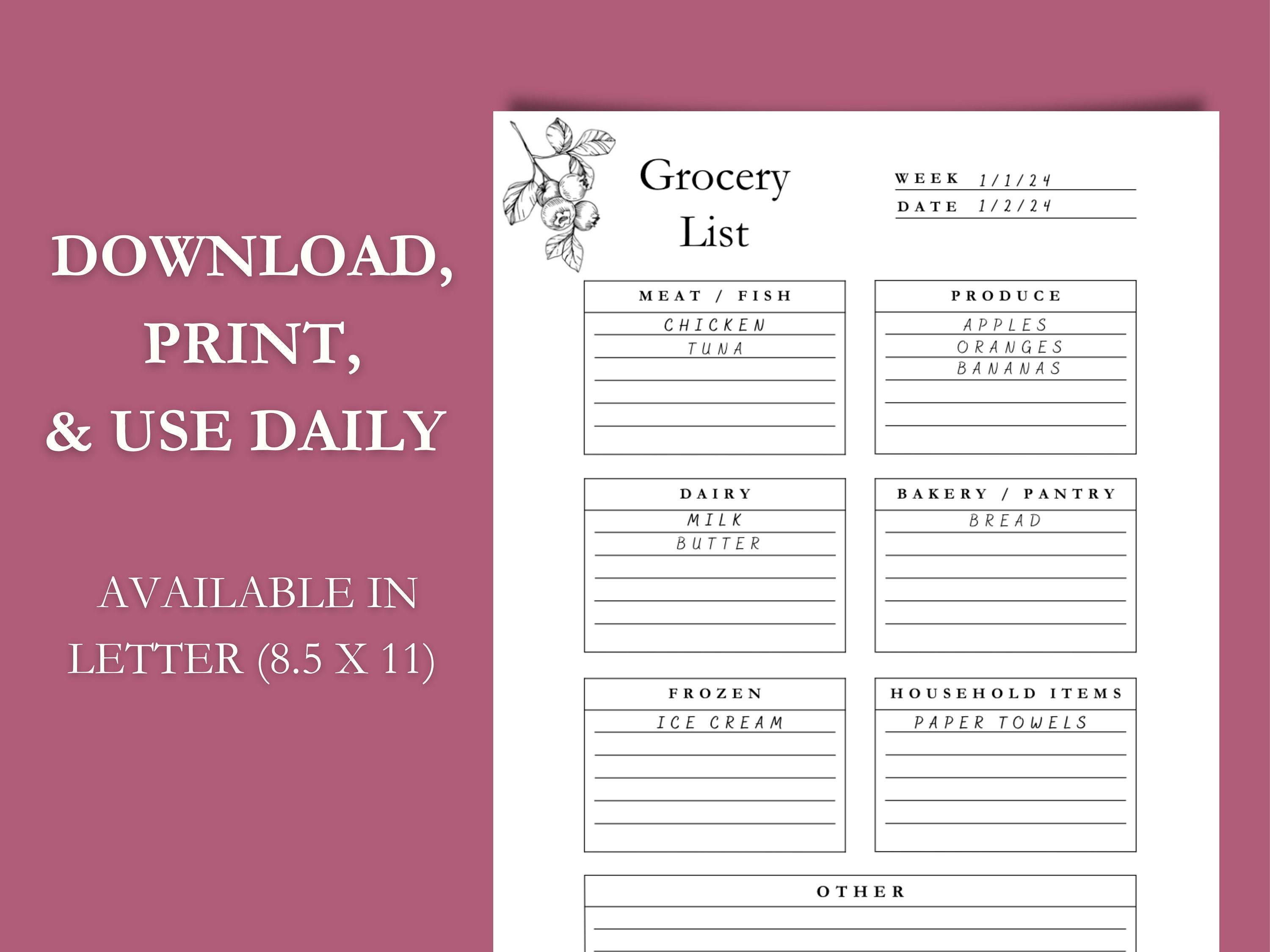 Berry Grocery List Printable PDF, Printable Grocery List, Berry Design, 8.5 X 11 Inches, Letter ...