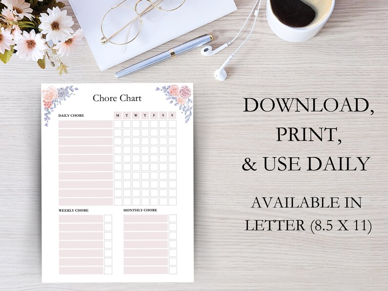Floral Chore Chart Printable PDF, Pink Chore Chart for Adults ...