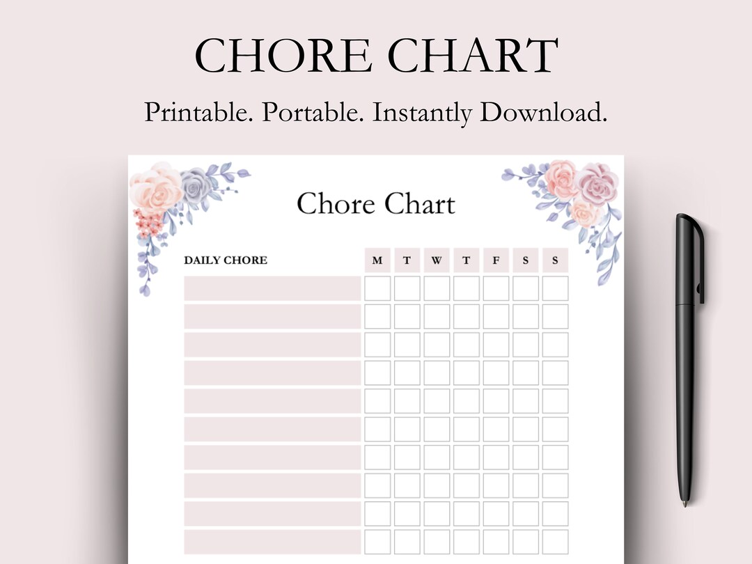 Floral Chore Chart Printable PDF, Pink Chore Chart for Adults ...