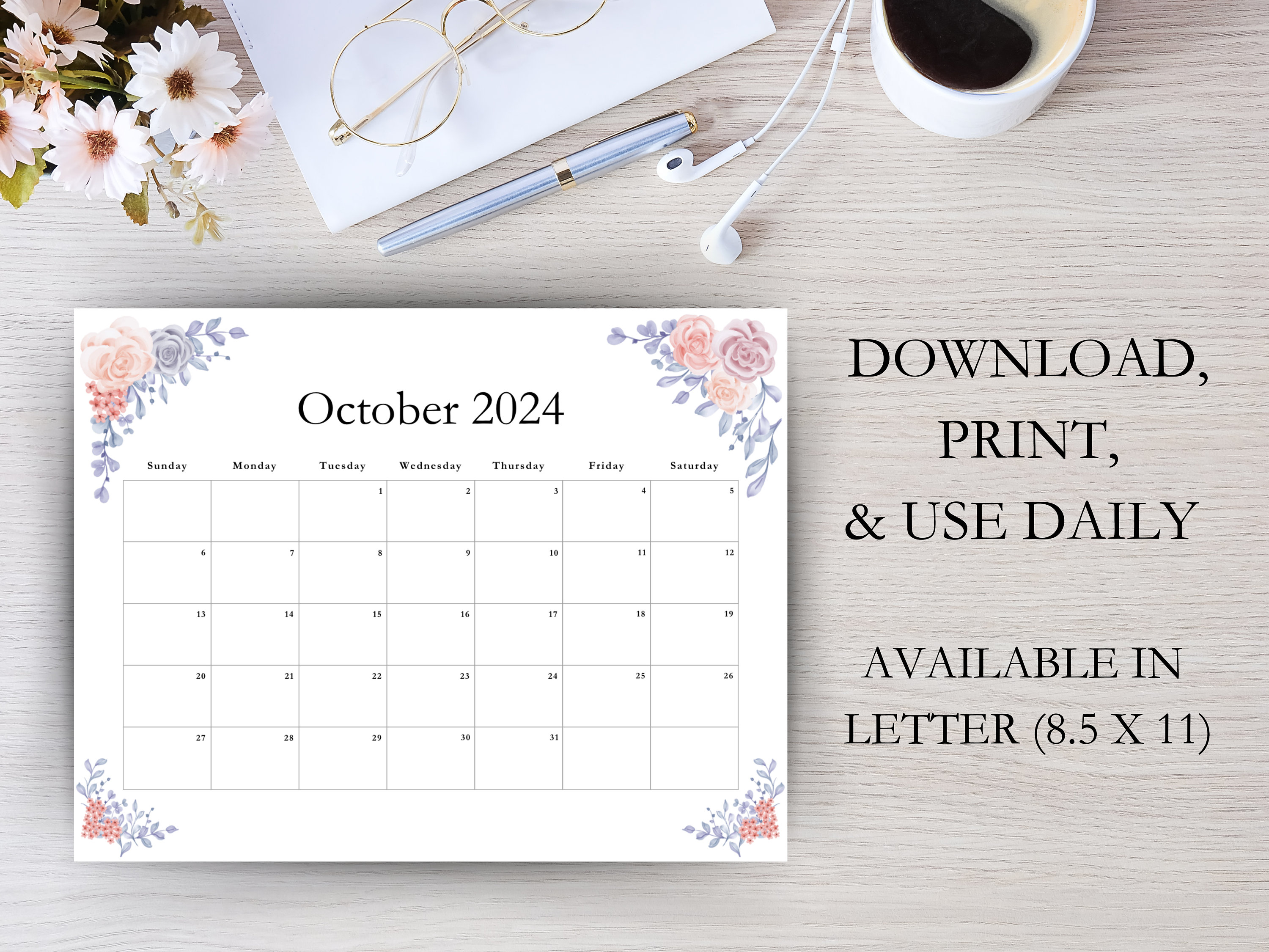 Floral Monthly Calendar 2024 Printable, Pink 12 Month Wall Calendar, 12 ...