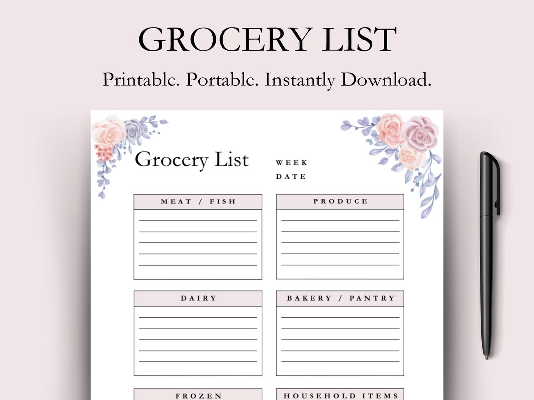Floral Grocery List Printable, Pink Grocery List Template, Grocery ...