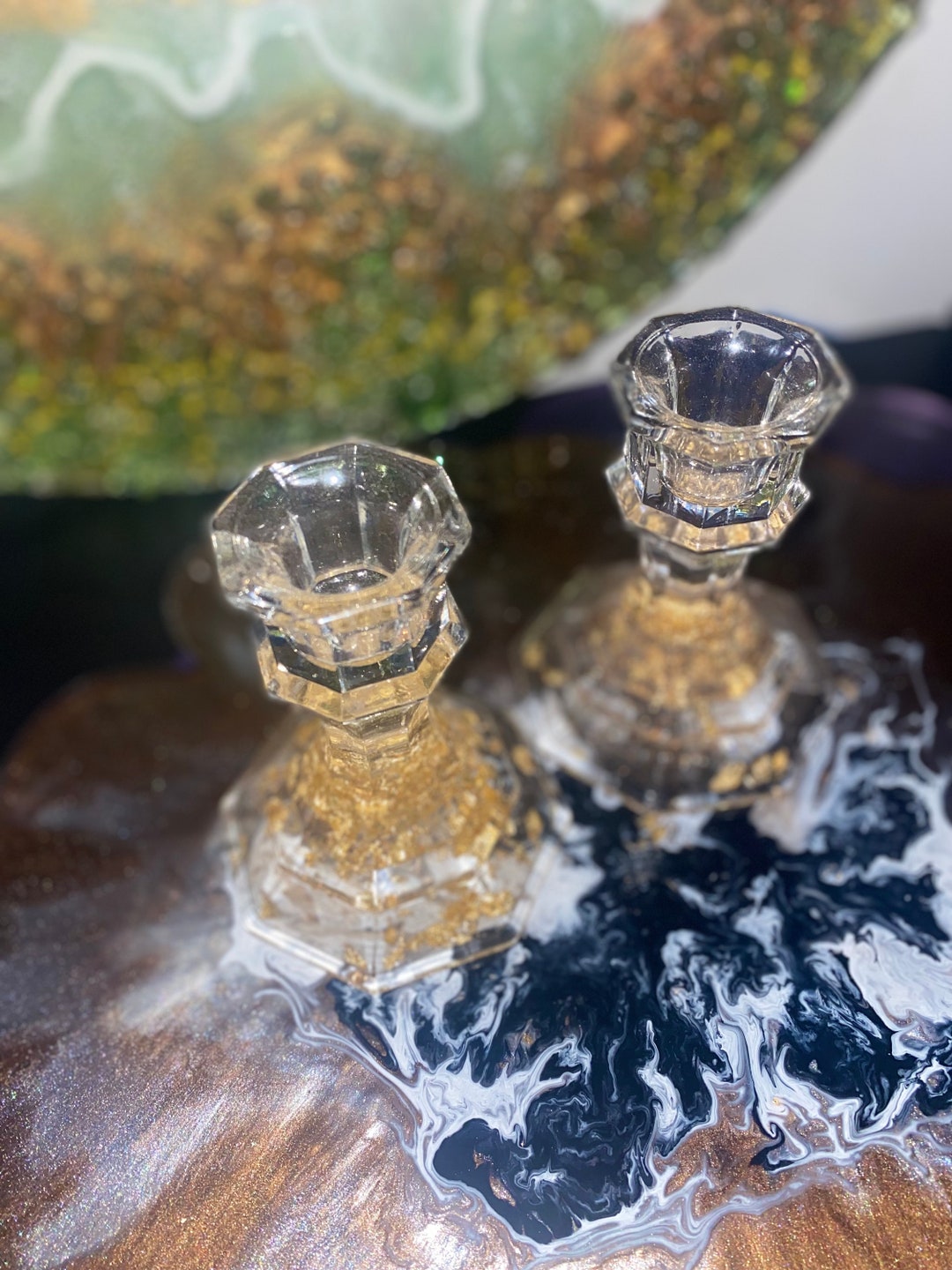 Pair of Glass Candelabras With Floating Gold Resin Base - Etsy