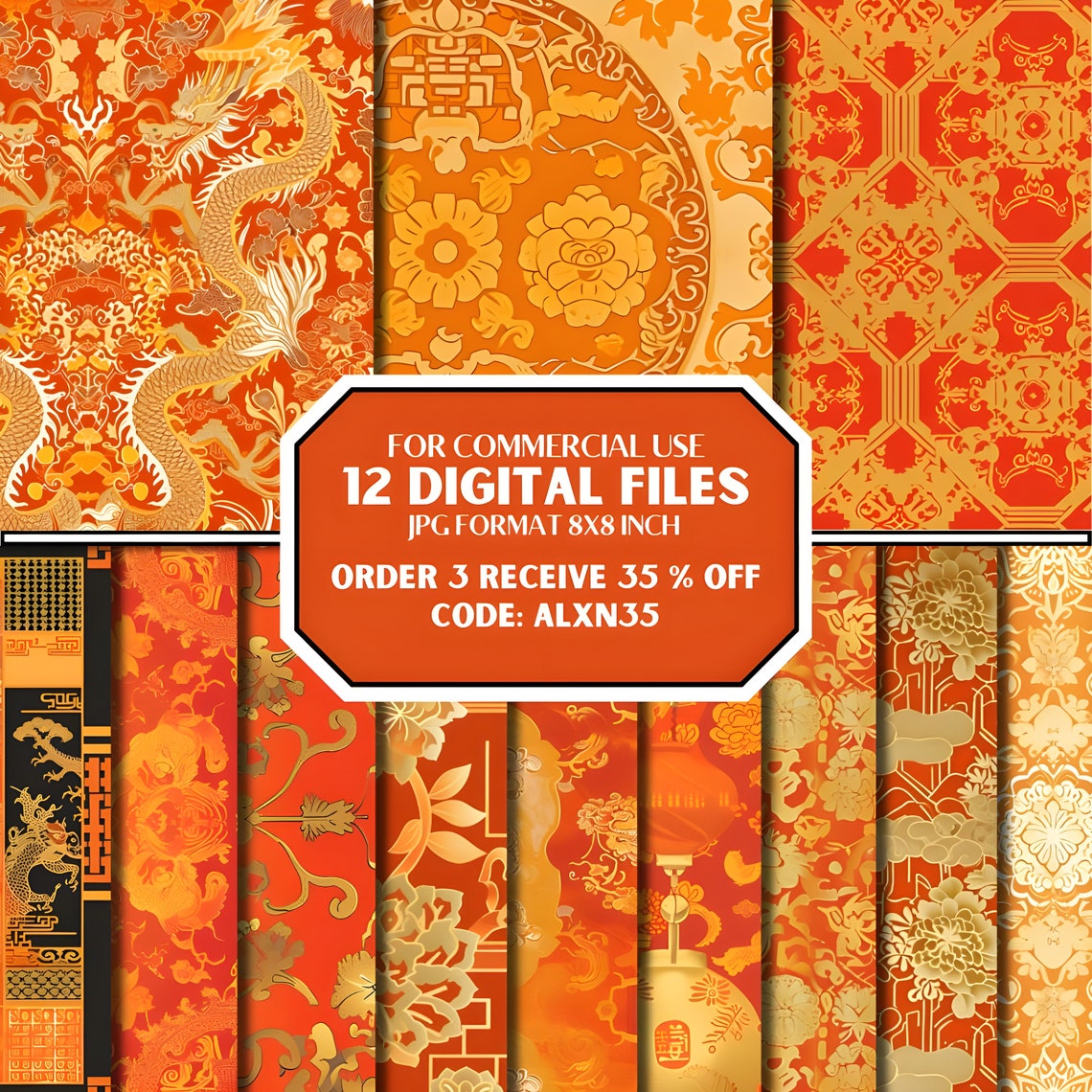 Chinoiserie Digital Paper, Chinese Orange & Gold Patterns,chinese ...