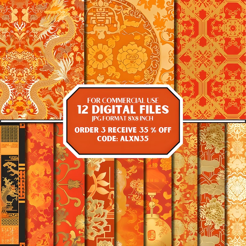 Chinoiserie Digital Paper, Chinese Orange & Gold Patterns,chinese ...