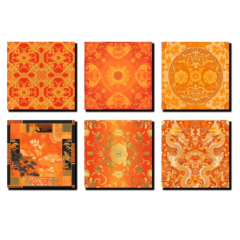 Chinoiserie Digital Paper, Chinese Orange & Gold Patterns,chinese ...