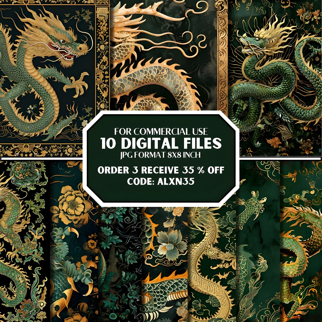 Traditional Japanese, Jade Dragon Pattern, Seamless Pattern, Digital ...