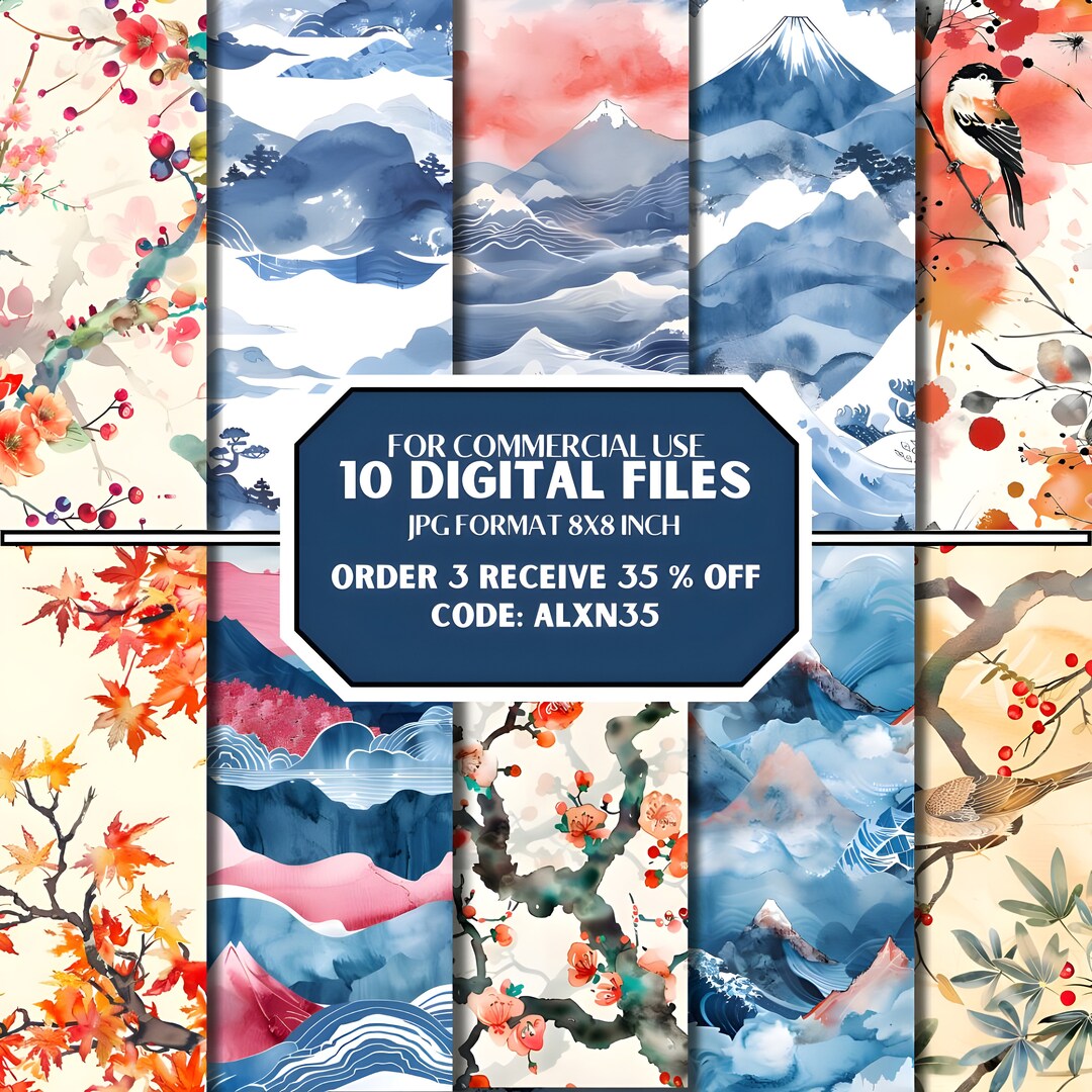 Japanese Nature Art, Japanese Watercolored Pattern, Seamless Pattern ...