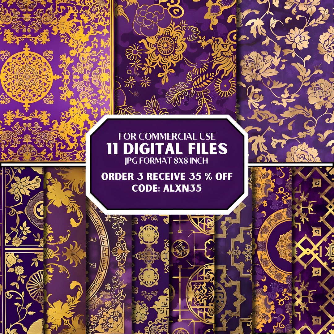 Chinoiserie Digital Paper, Chinese Purple & Gold Patterns,chinese ...