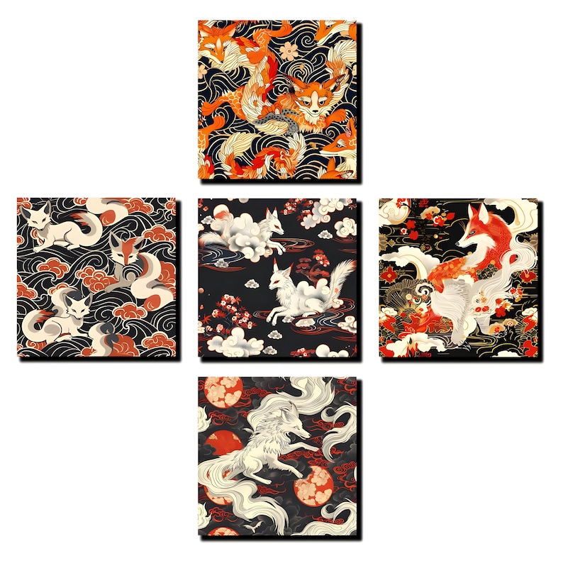 Japanese Kitsune, Japanse Style, Seamless Pattern, Digital Seamless ...