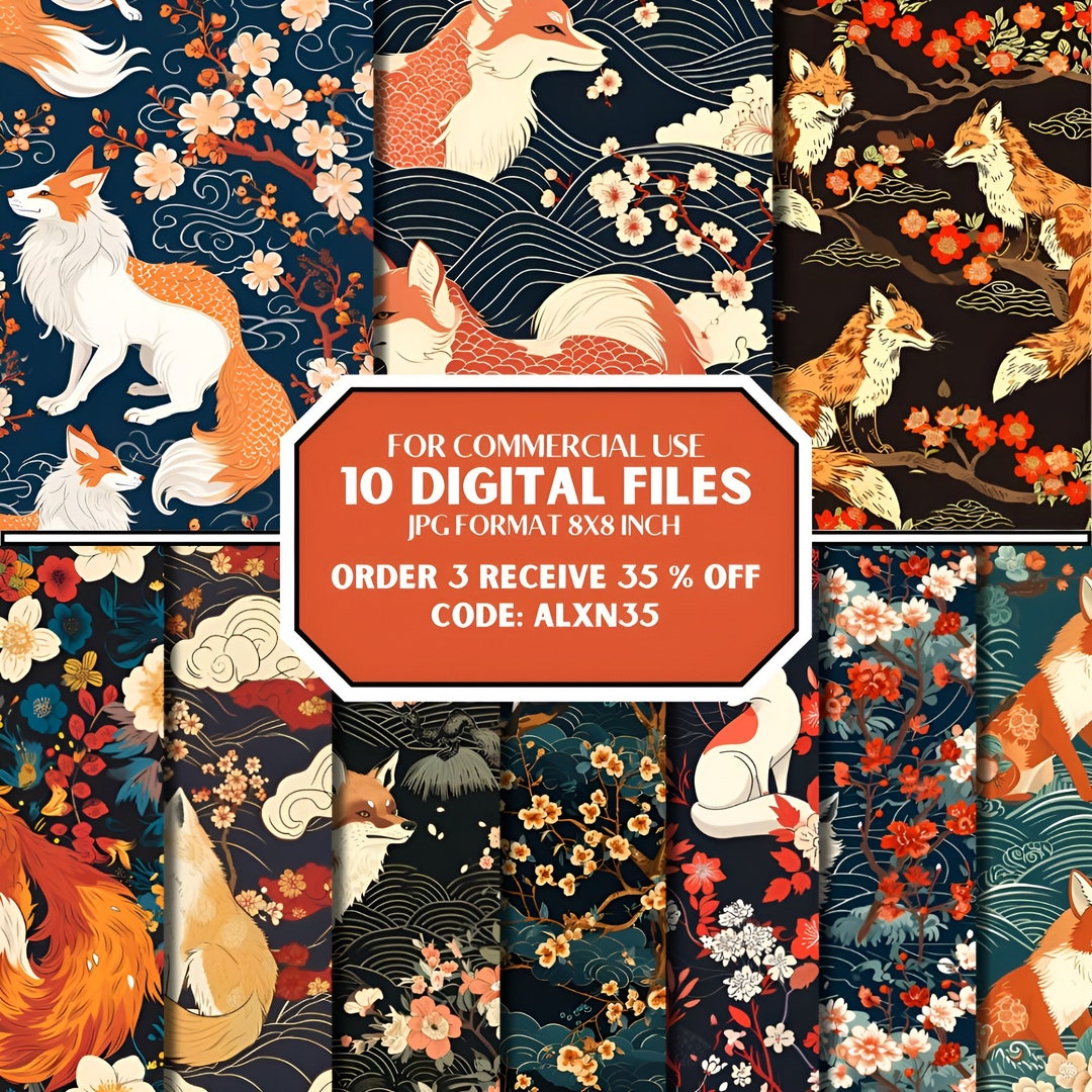 Japanese Kitsune, Japanse Style, Seamless Pattern, Digital Seamless ...