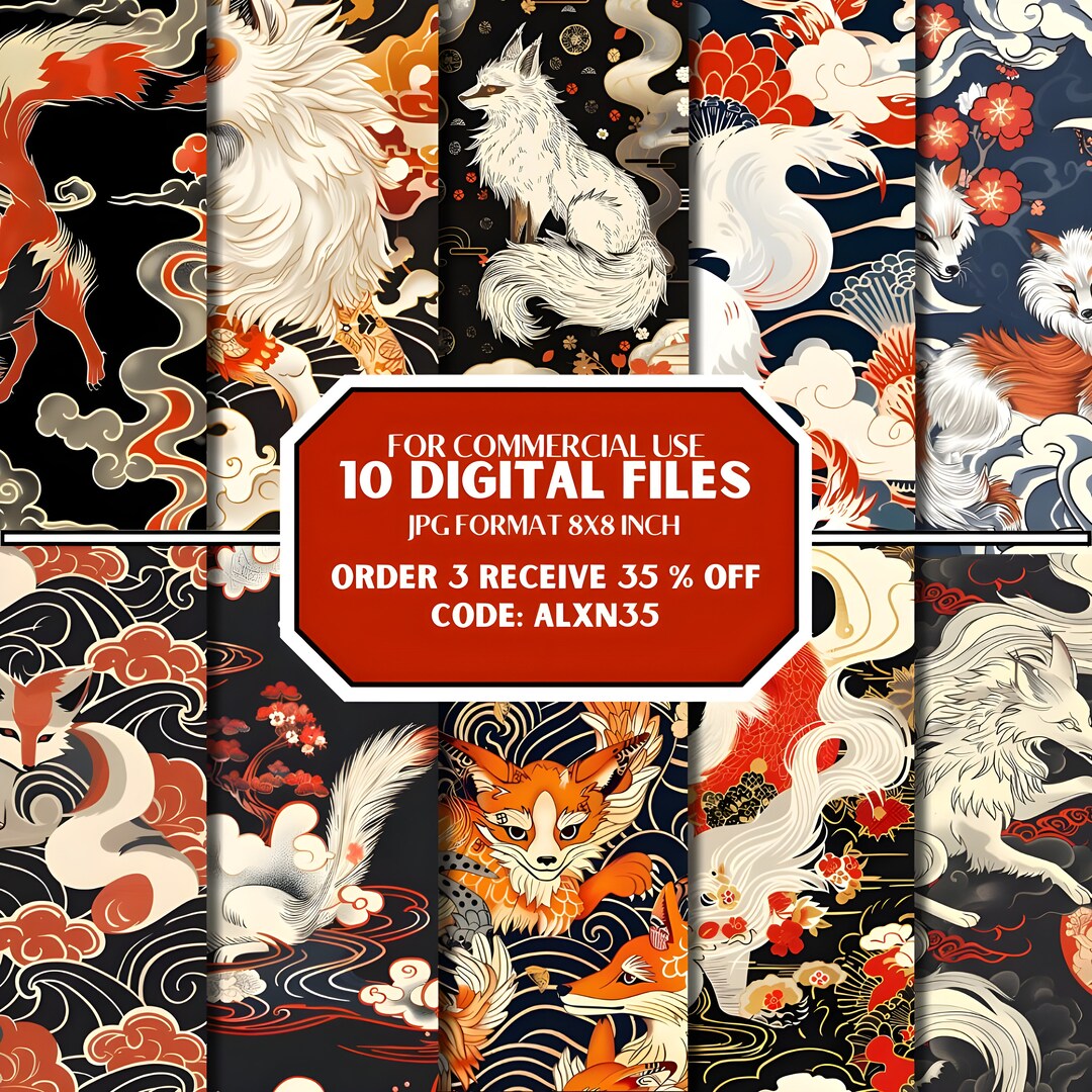 Japanese Kitsune, Japanse Style, Seamless Pattern, Digital Seamless ...