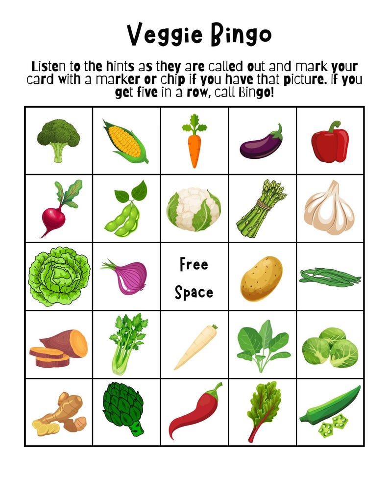 Vegetable Bingo Game: 35 Printable Cards With Hints (digital Download ...
