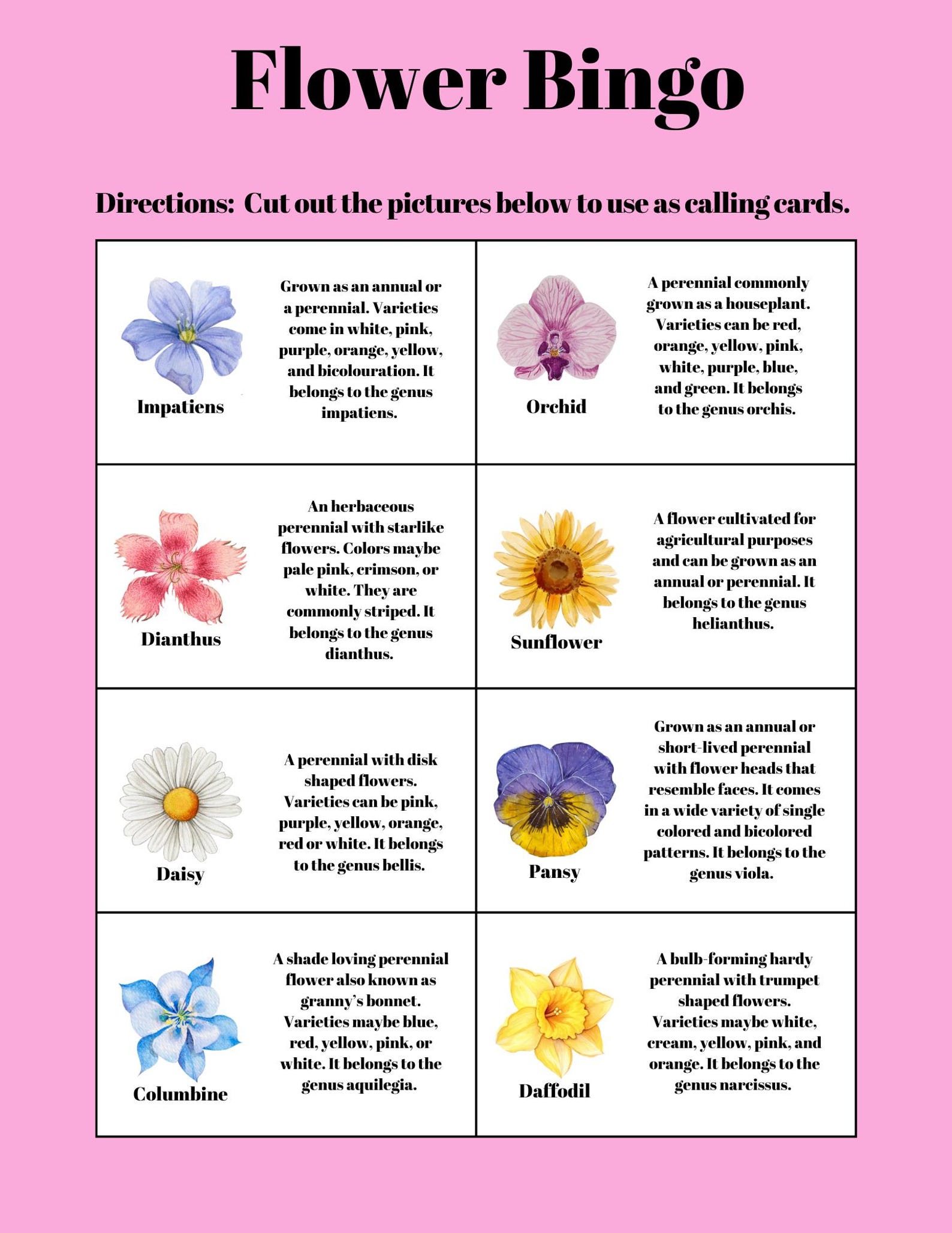 Flower Bingo 35 Unique Cards With Corresponding Hints - Etsy
