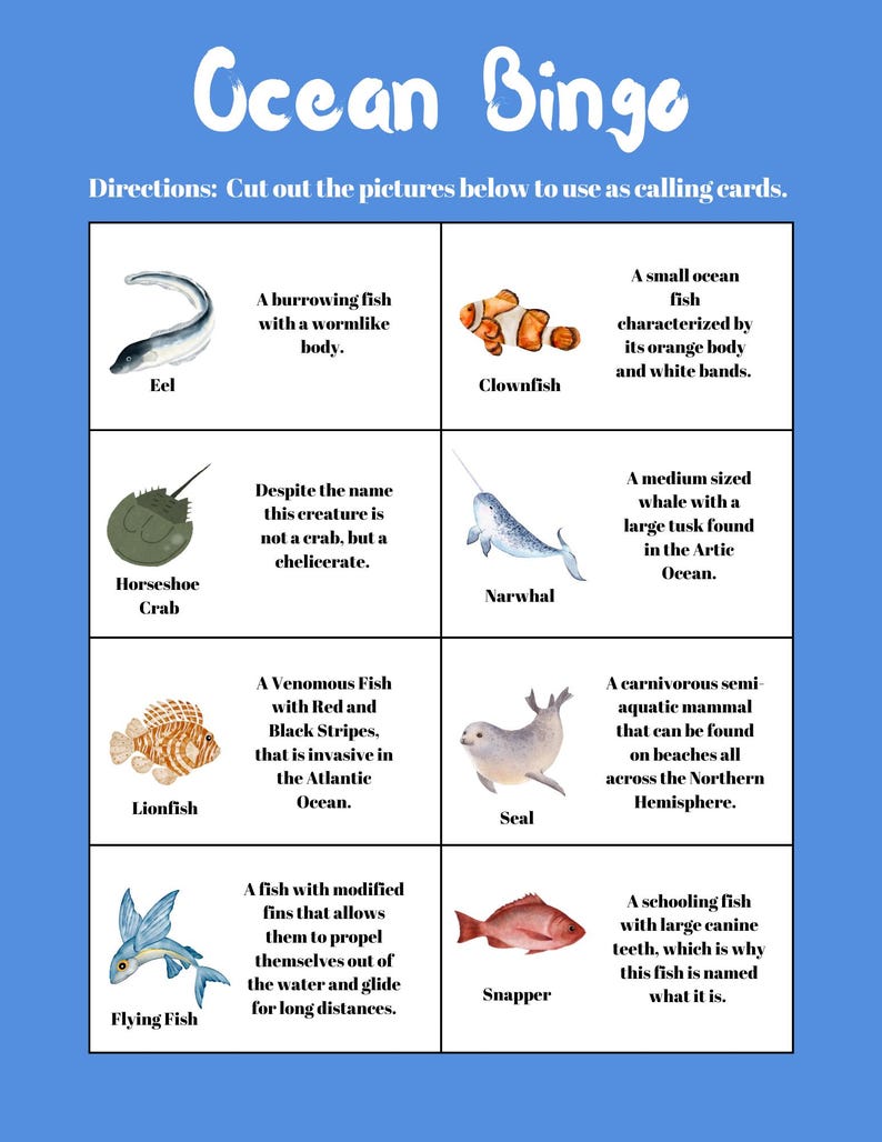 Ocean Bingo W/hints- 35 Unique Cards - Etsy