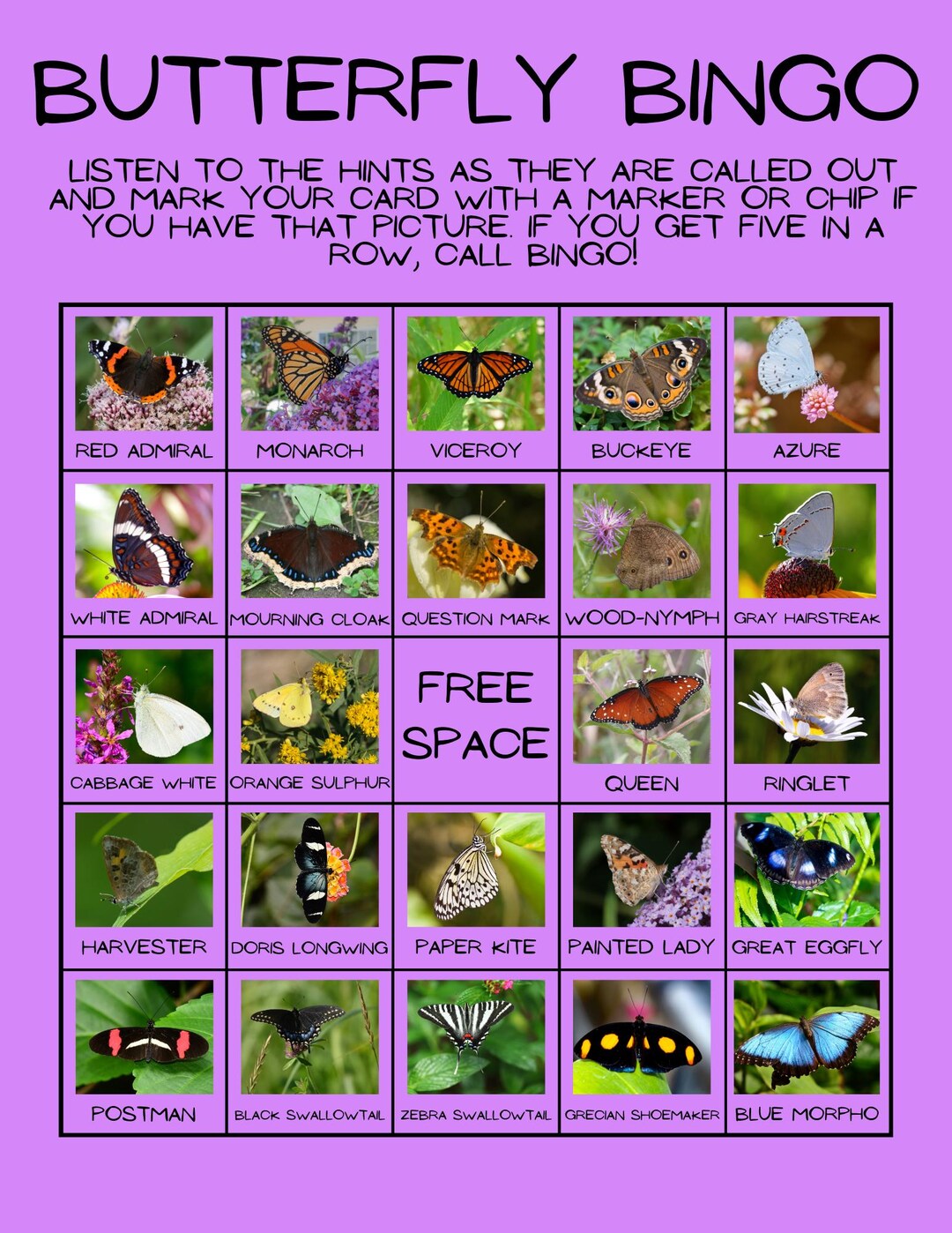 Butterfly Bingo- 35 Unique Cards With Hints - Etsy