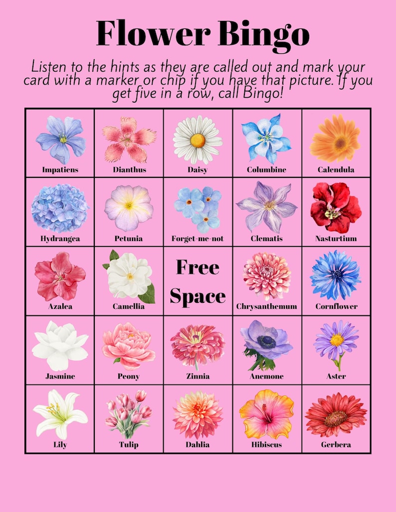 Flower Bingo 25 Unique Cards With Corresponding Hints - Etsy