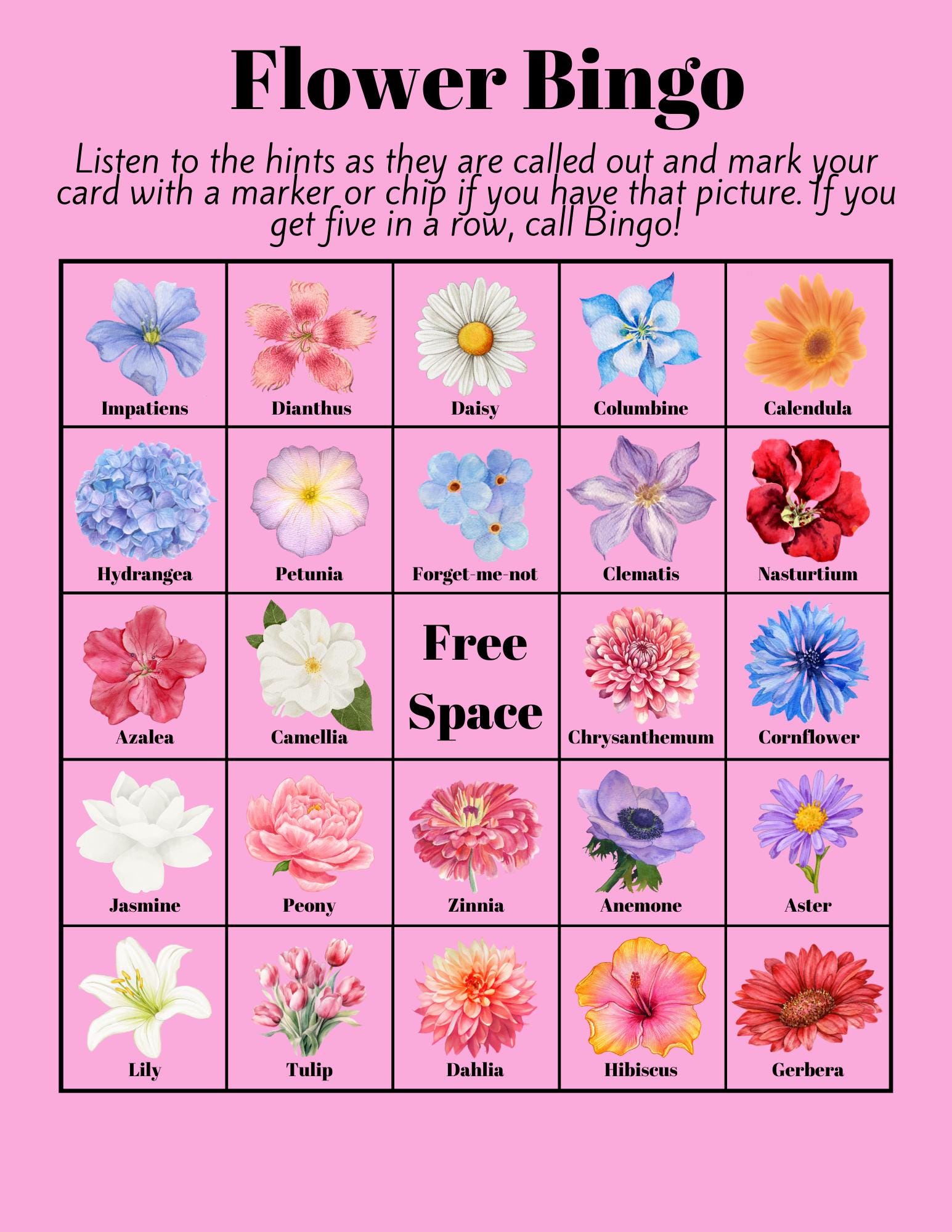 Flower Bingo 35 Unique Cards With Corresponding Hints - Etsy