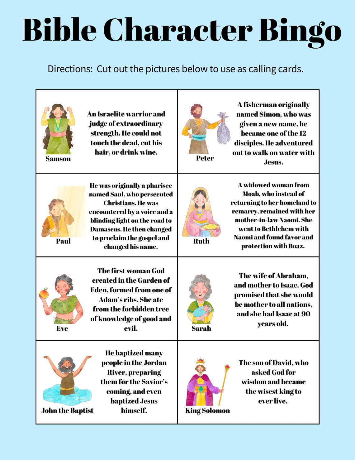 Bible Character Bingo (35 Unique Cards With Hints) - Etsy