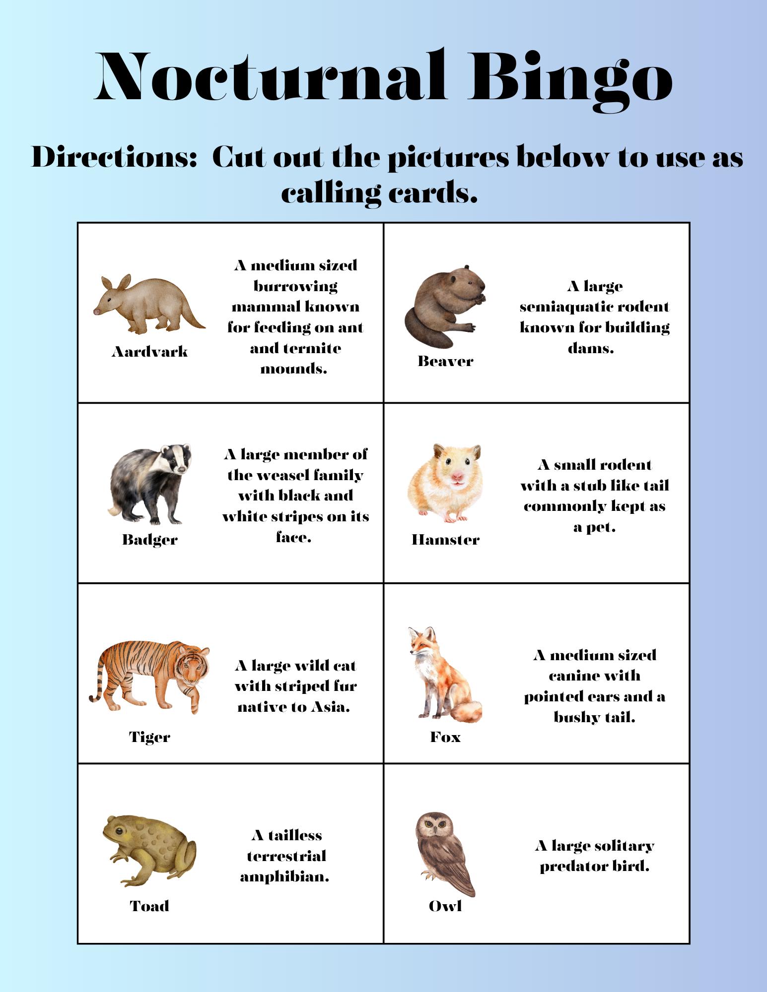 Nocturnal Bingo- 35 Unique Cards - Etsy