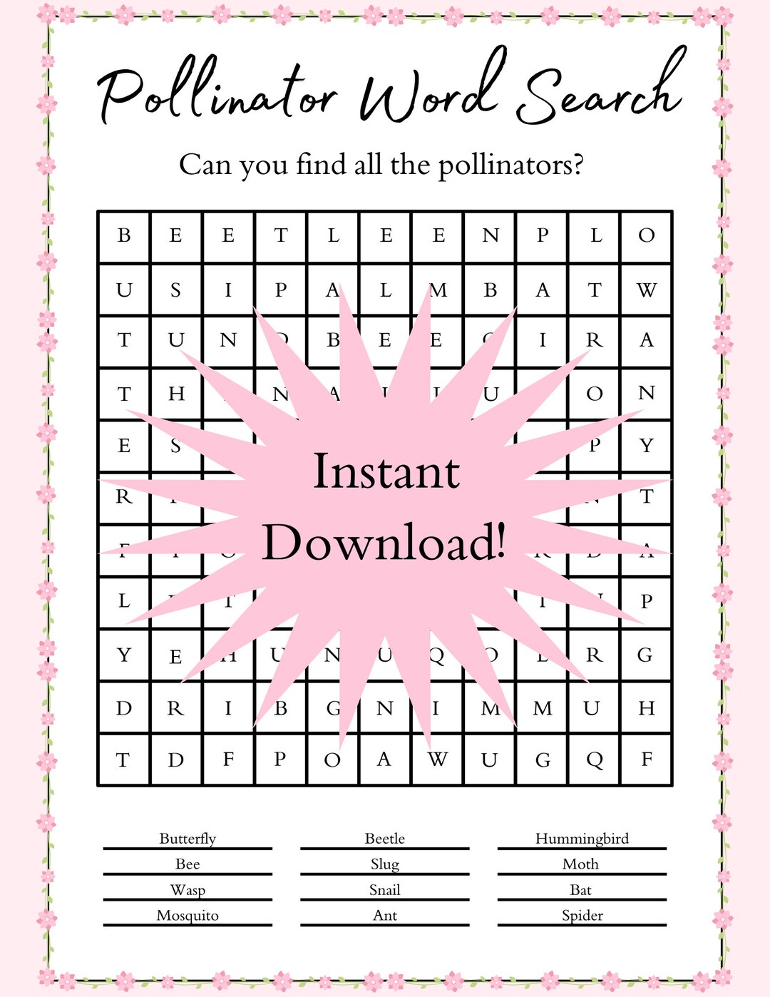 Pollinator Word Search - Etsy