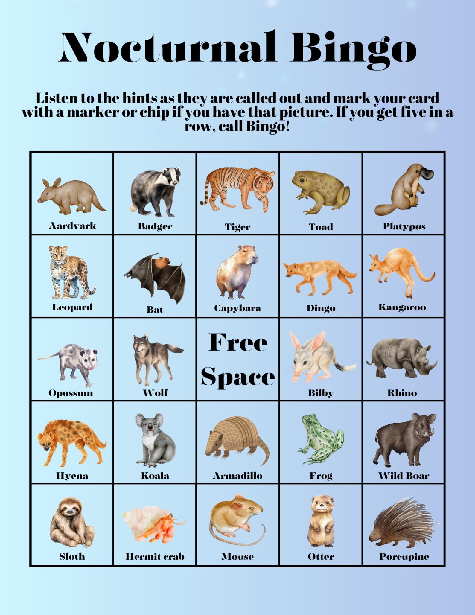 Nocturnal Bingo- 35 Unique Cards - Etsy