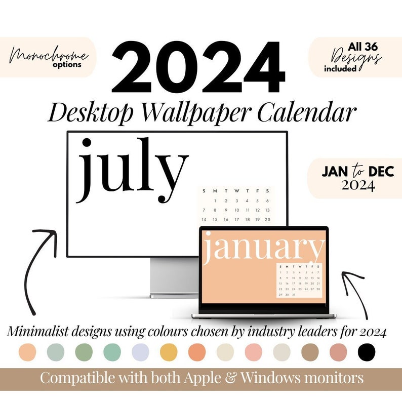 Office Desktop Wallpaper Calendar 2024 Minimalist Background Printable ...
