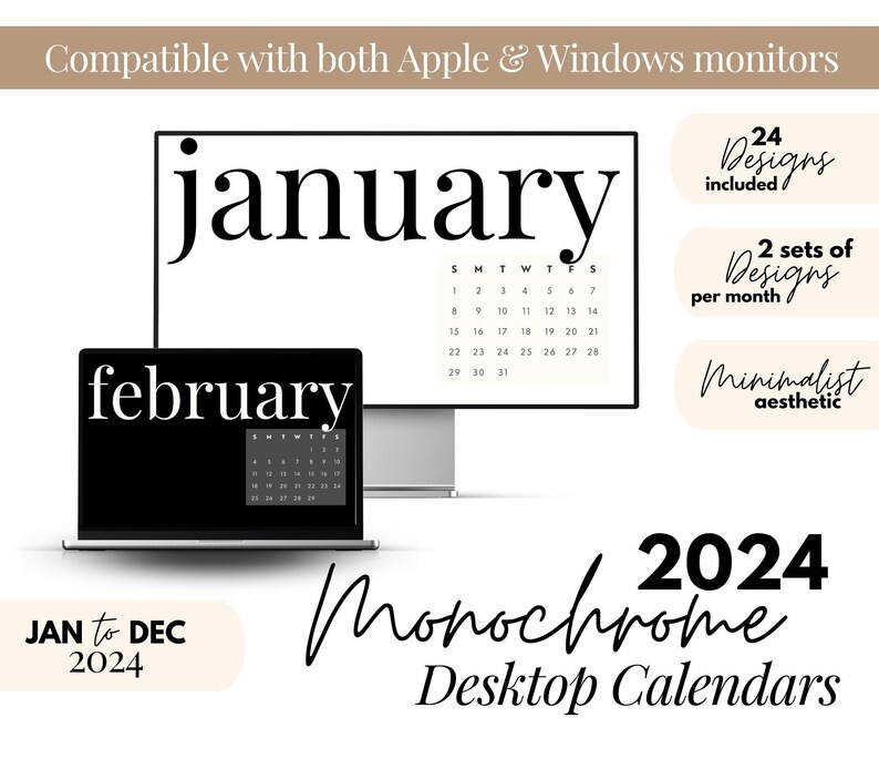Monochrome Desktop 2024 Calendar Wallpaper Minimalist Classic Black and ...