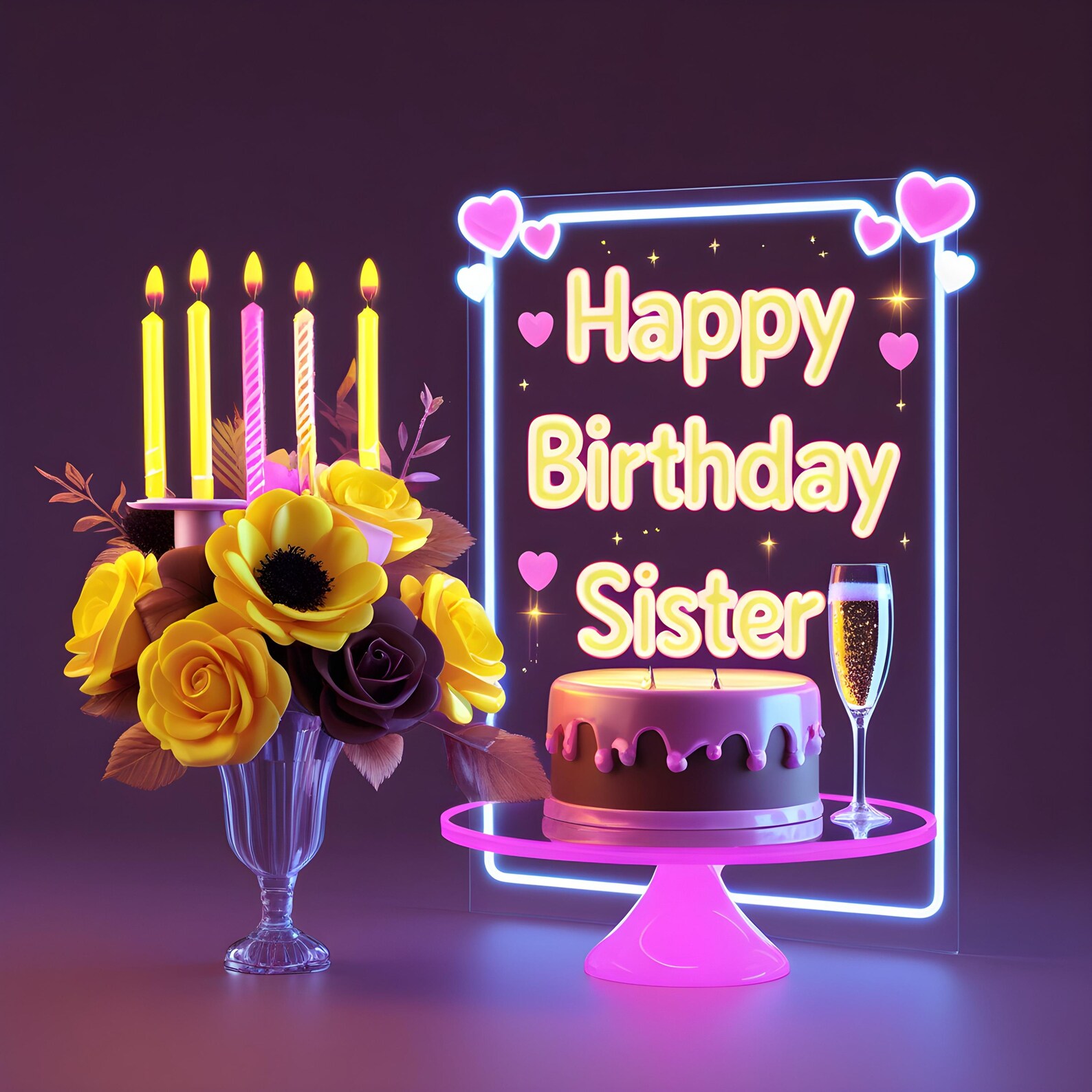 Happy Birthday Sister Ecard , Neon Glow Animated Card, Fun Digital ...