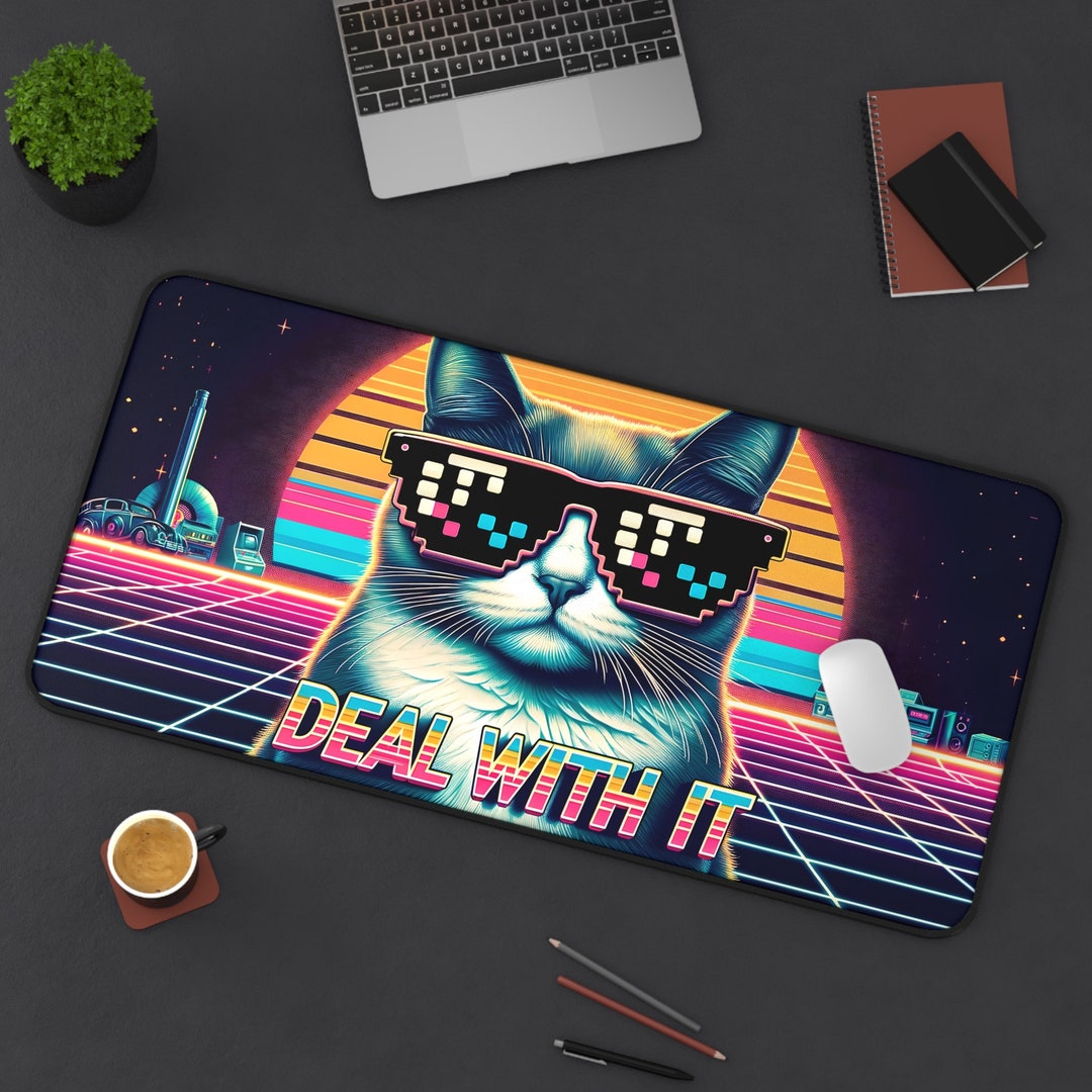 Cool Cat Retro Synthwave Desk Mat Large Desk Mat Unique Desk Mat Retro ...