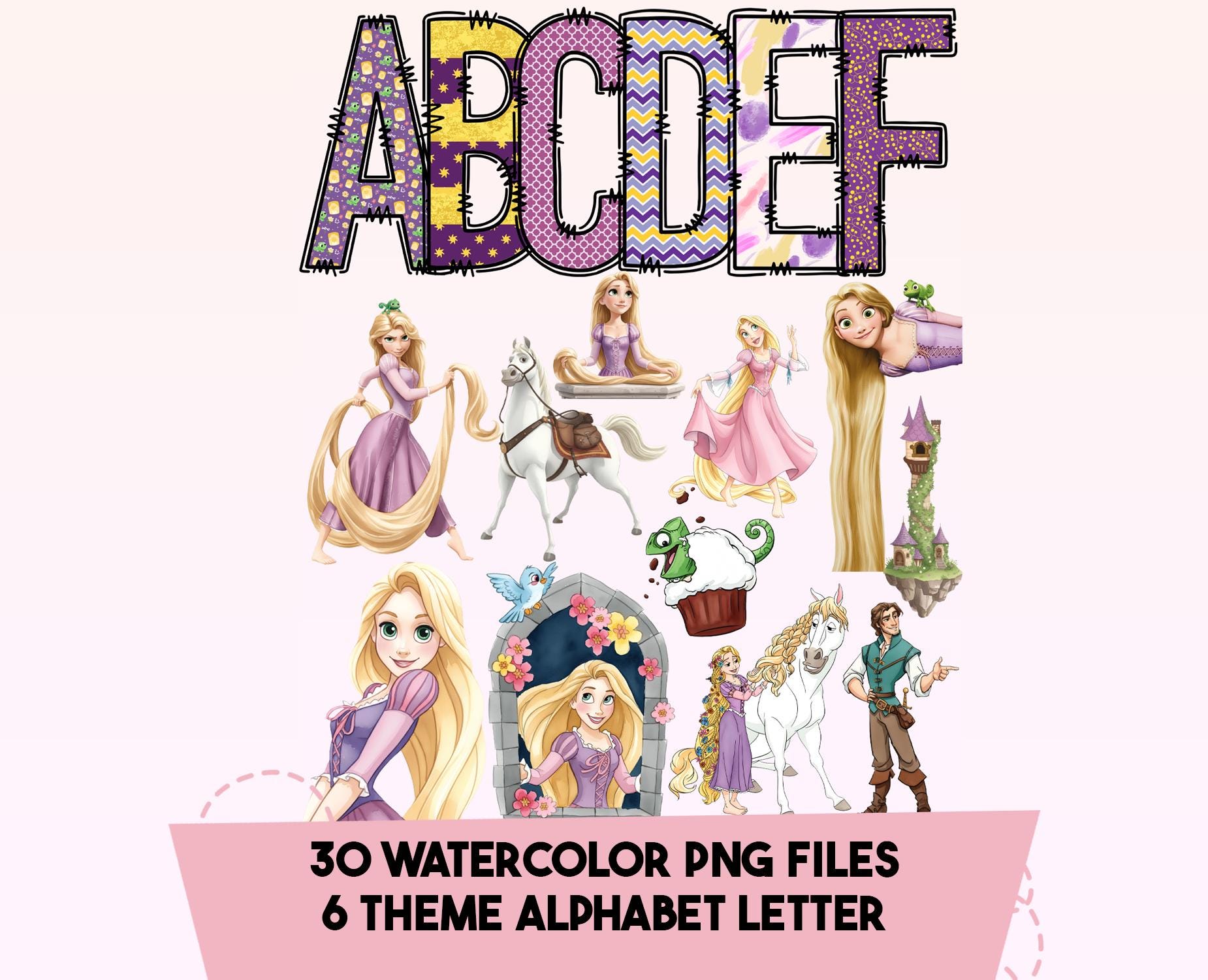 Tangled Watercolor Png Clipart Bundle, Rapunzel Png Letters Alphabet ...