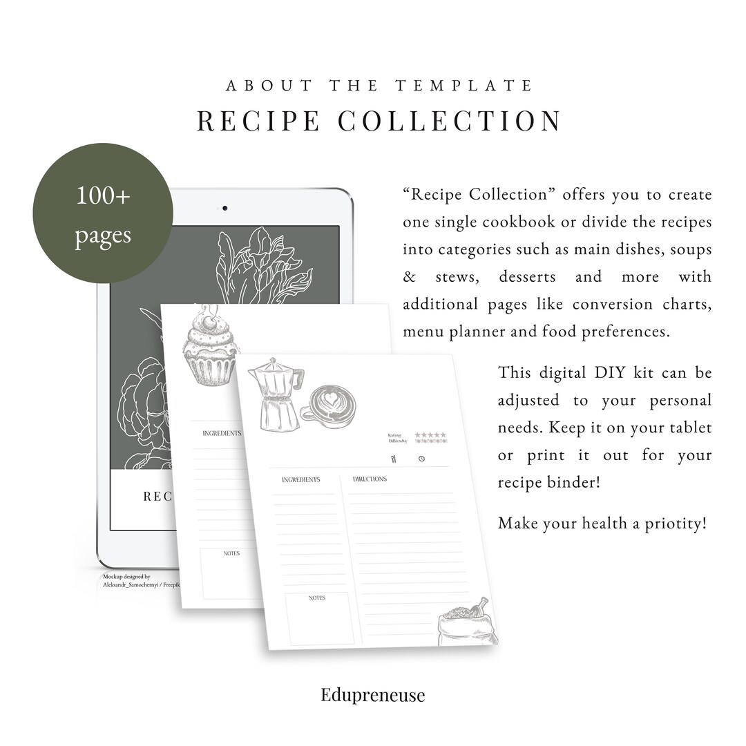 Digital Recipe Template Tool Kit for Your Own Printable DIY Cookbook With Conversion Charts ...