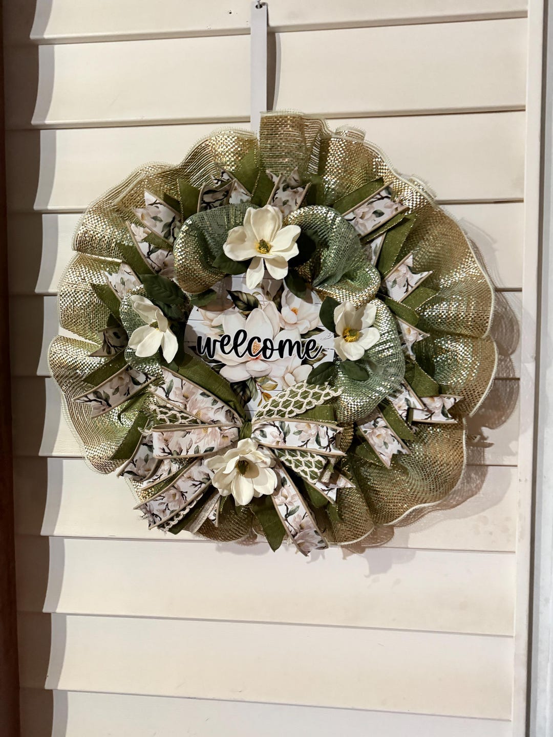 Magnolia Welcome Pancake Wreath – Green & Gold Mesh Door Decor, Year ...